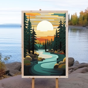 Vintage Pine Tree Sunset Art Print, Outdoor Poster, Rustic Cabin Decor ...