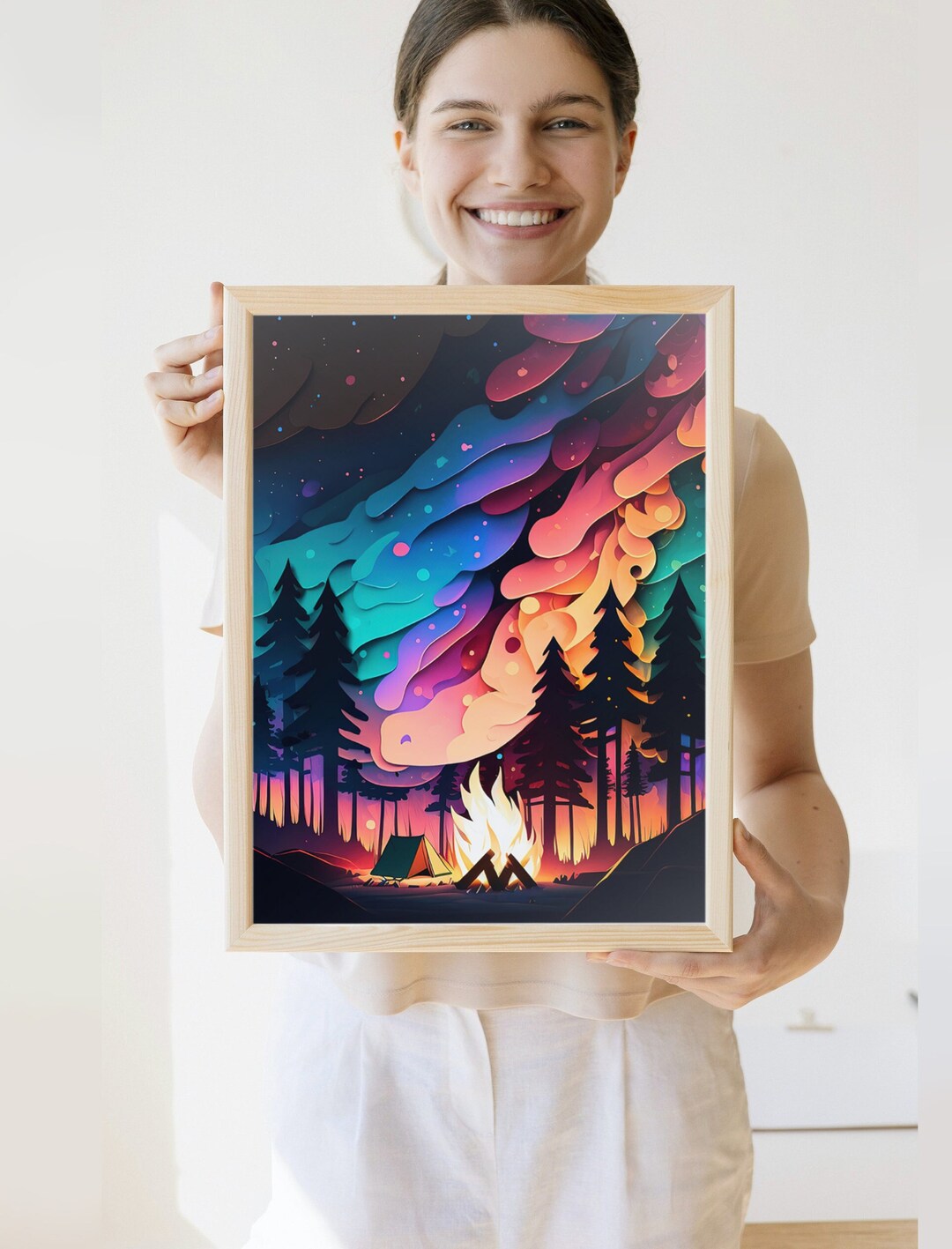 Campfire & Northern Lights Print | Lake House Decor | Nature Art ...