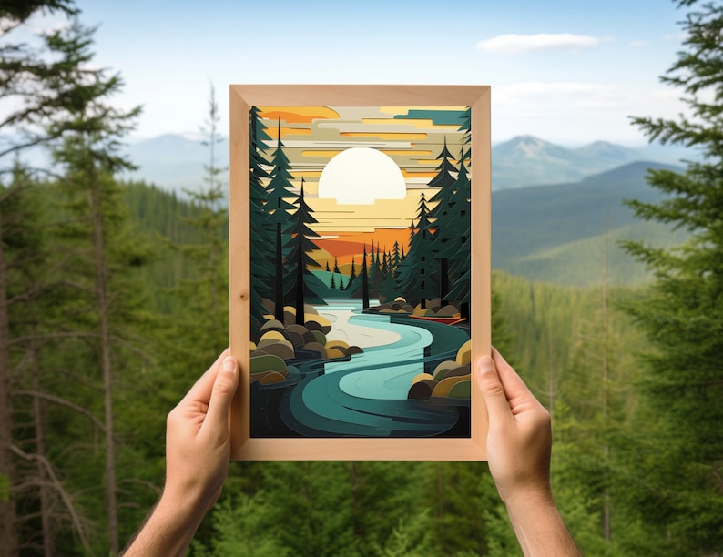 Vintage Pine Tree Sunset Art Print Outdoor Poster Rustic - Etsy