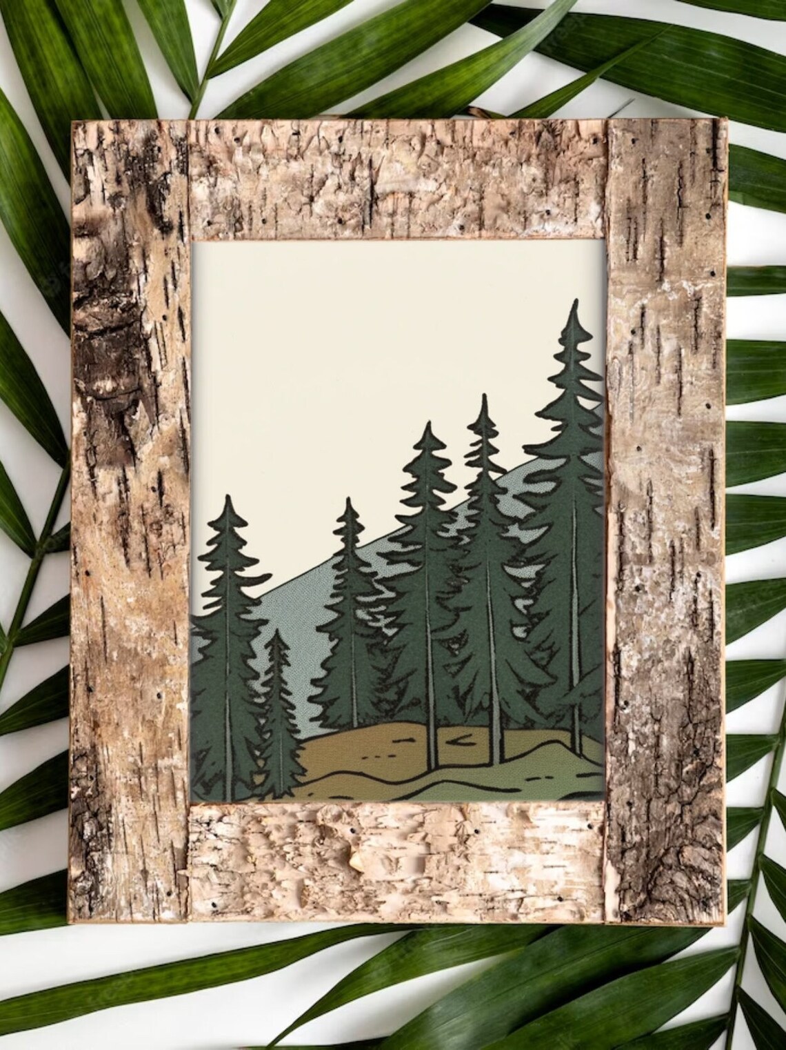 Vintage Pine Tree Print Blue & Green Earth Tones Lake House Modern ...