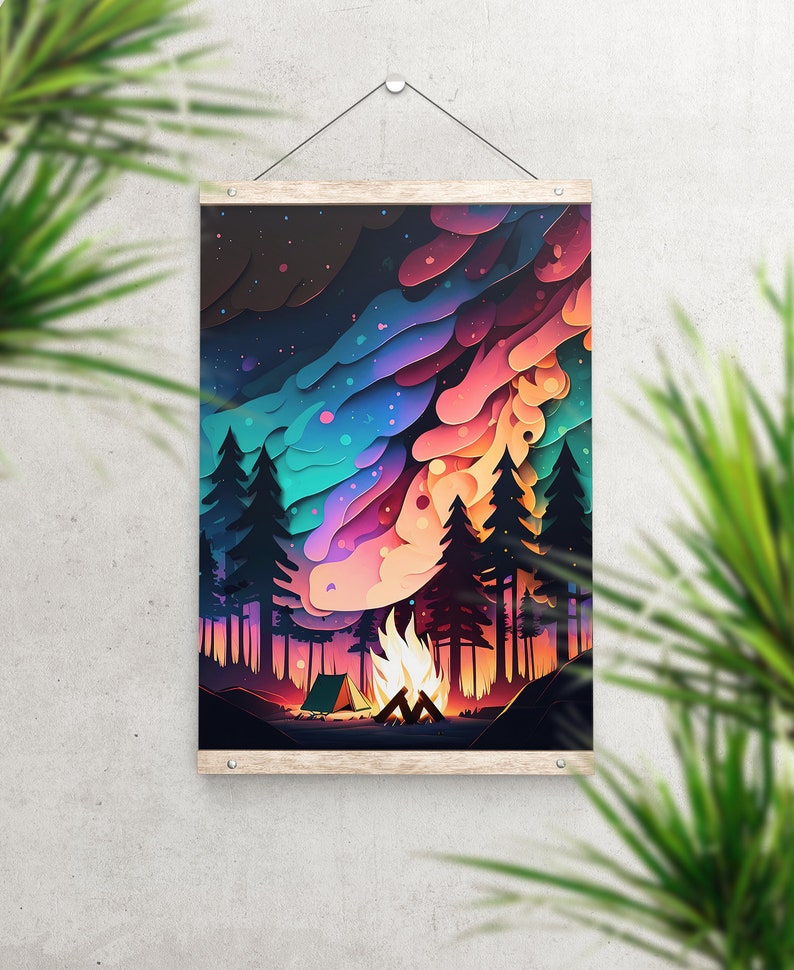 Camping Under the Stars | Abstract Campfire | Northern Lights | Aurora ...