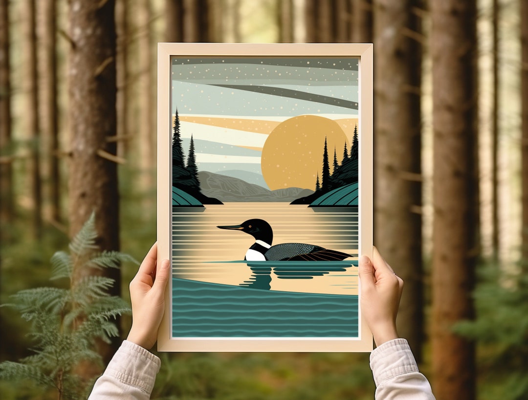 Minimalistic Vintage Loon at Sunset | Textured Lake Art With Earth ...