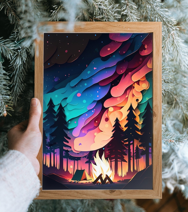 Camping Under the Stars | Abstract Campfire | Northern Lights | Aurora ...