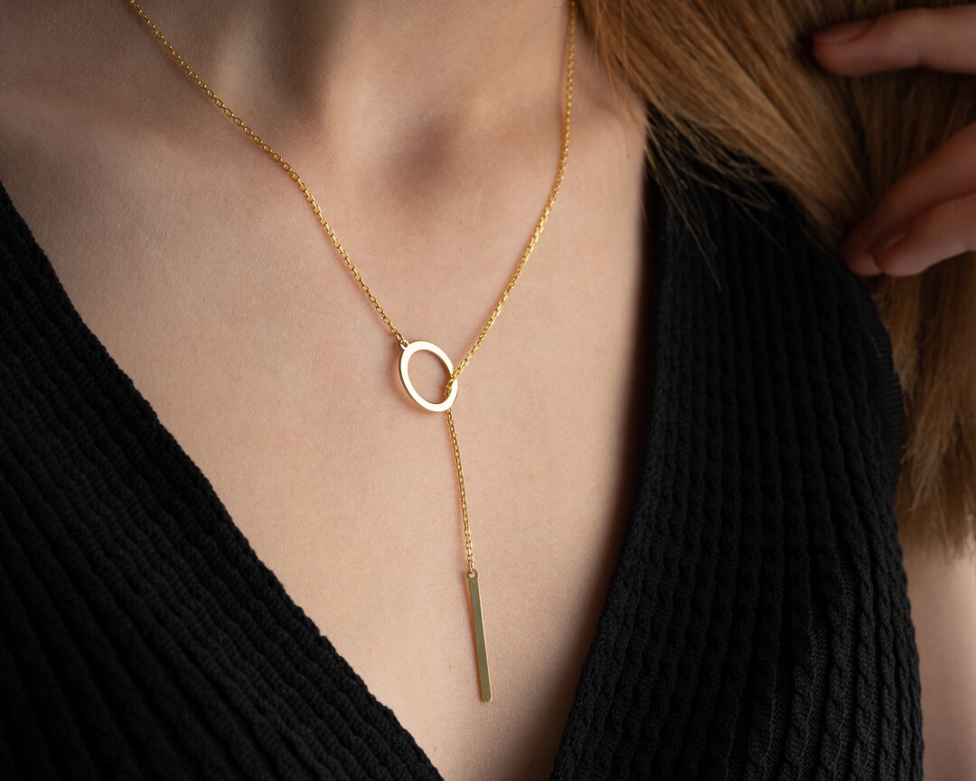Gold Circle Bar Lariat Y Necklace, Dainty Y Necklace Long Chocker ...