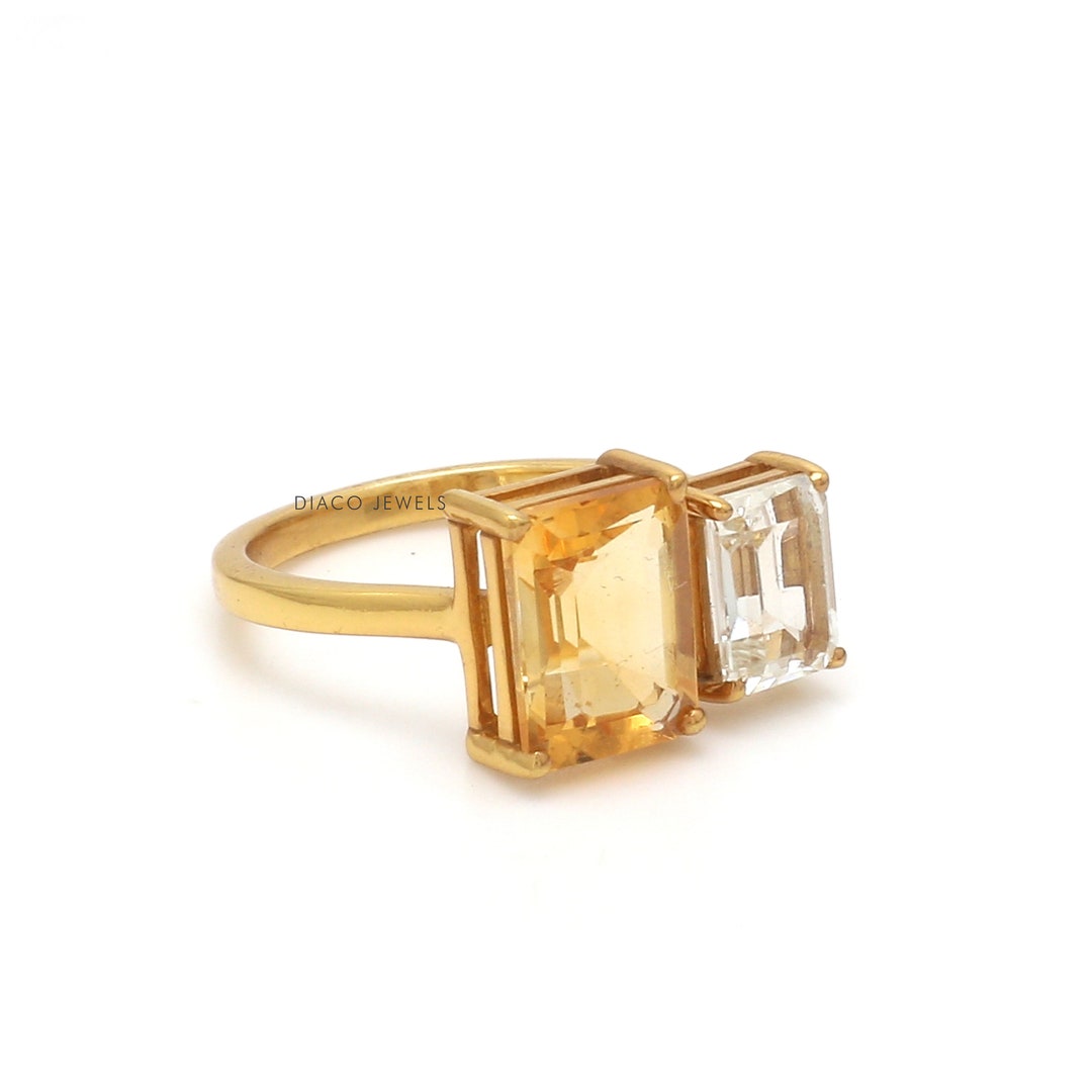 Natural Citrine Topaz Prong Setting Two Stone Ring Gold 7x9 Mm Octagon ...