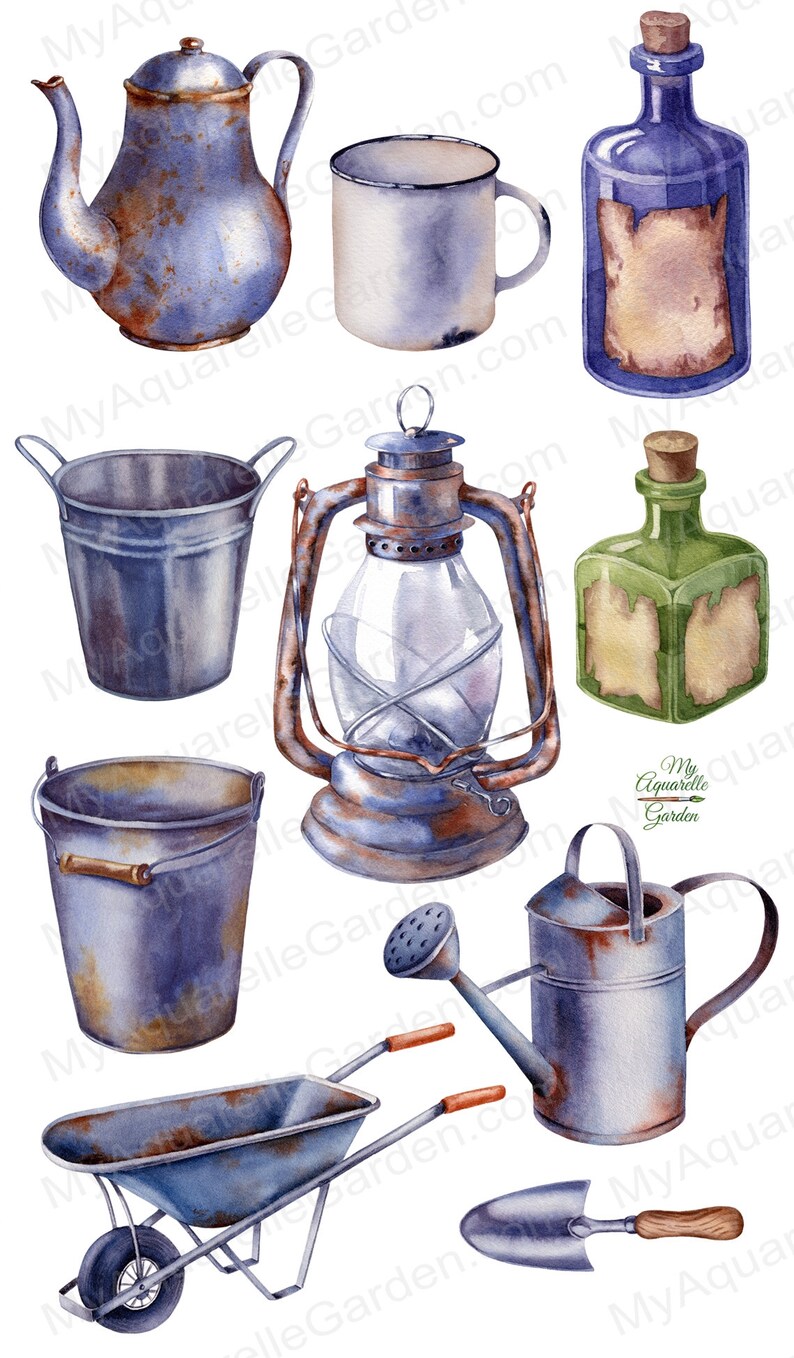 Gardening Tools Clipart. Vintage, Old, Rusty. Watercolor Hand-painted ...