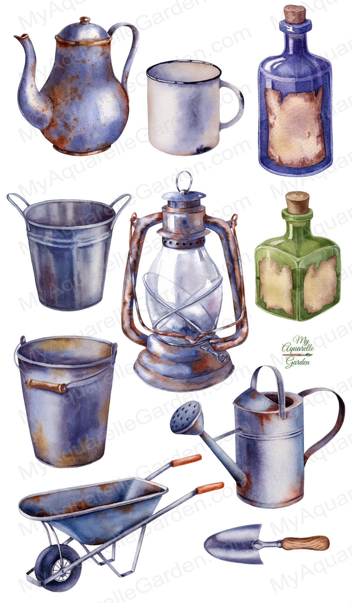 Gardening Tools Clipart. Vintage, Old, Rusty. Watercolor Hand-painted ...