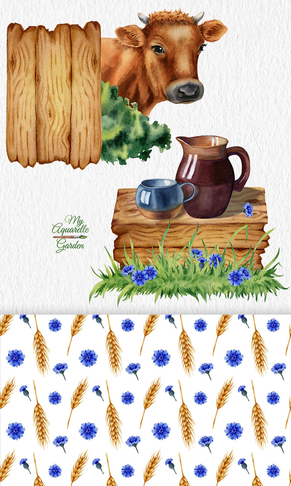 Milk Farm Clipart. Cow, Calf. Watercolor Hand-painted Images. Rustic ...