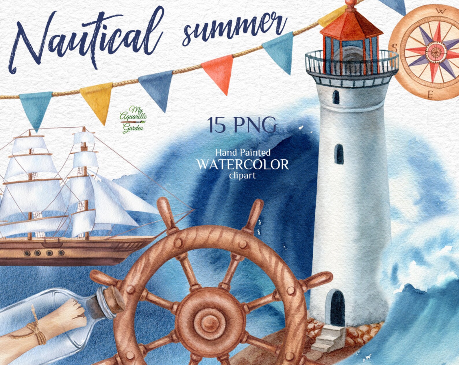 Nautical Watercolor Clipart. Lighthouse, Knot, Helm Wheel, Sailboat ...