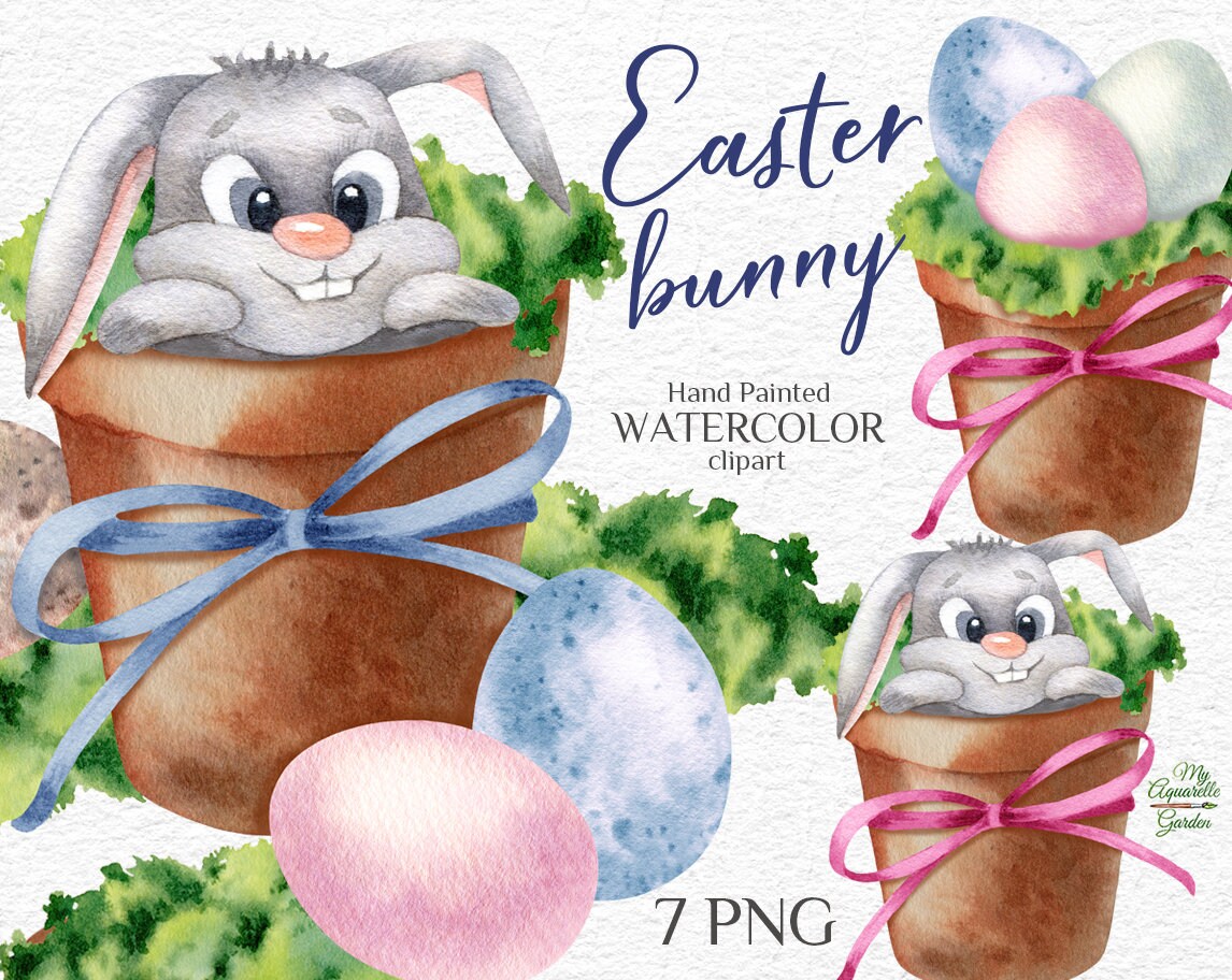 Easter Bunny, Easter Eggs. Watercolor Clipart. Cute Animals. Holiday ...
