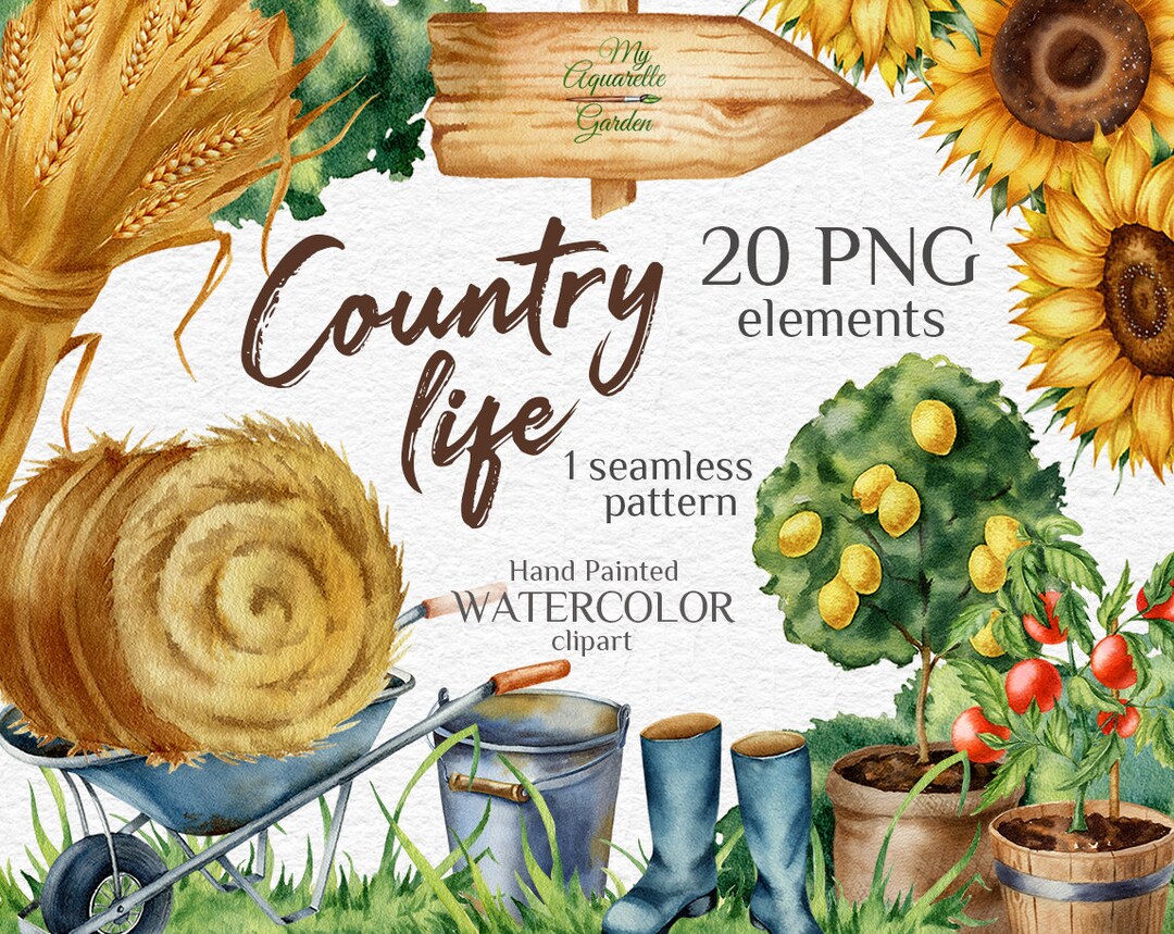 Gardening, Farm, Country Life Clipart. Watercolor Hand-painted Images ...