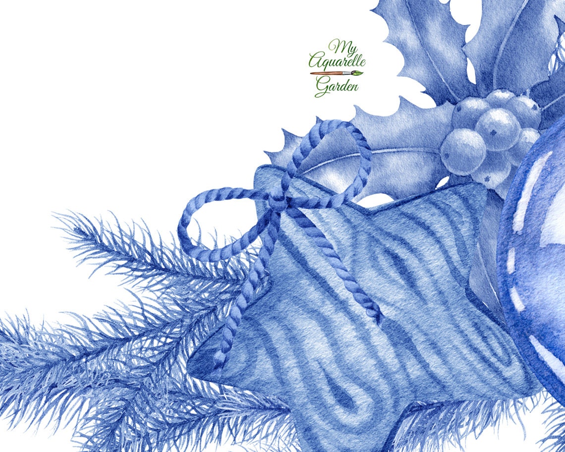 Blue Christmas Wreaths Garlands Winter New Year Decoration Watercolor ...