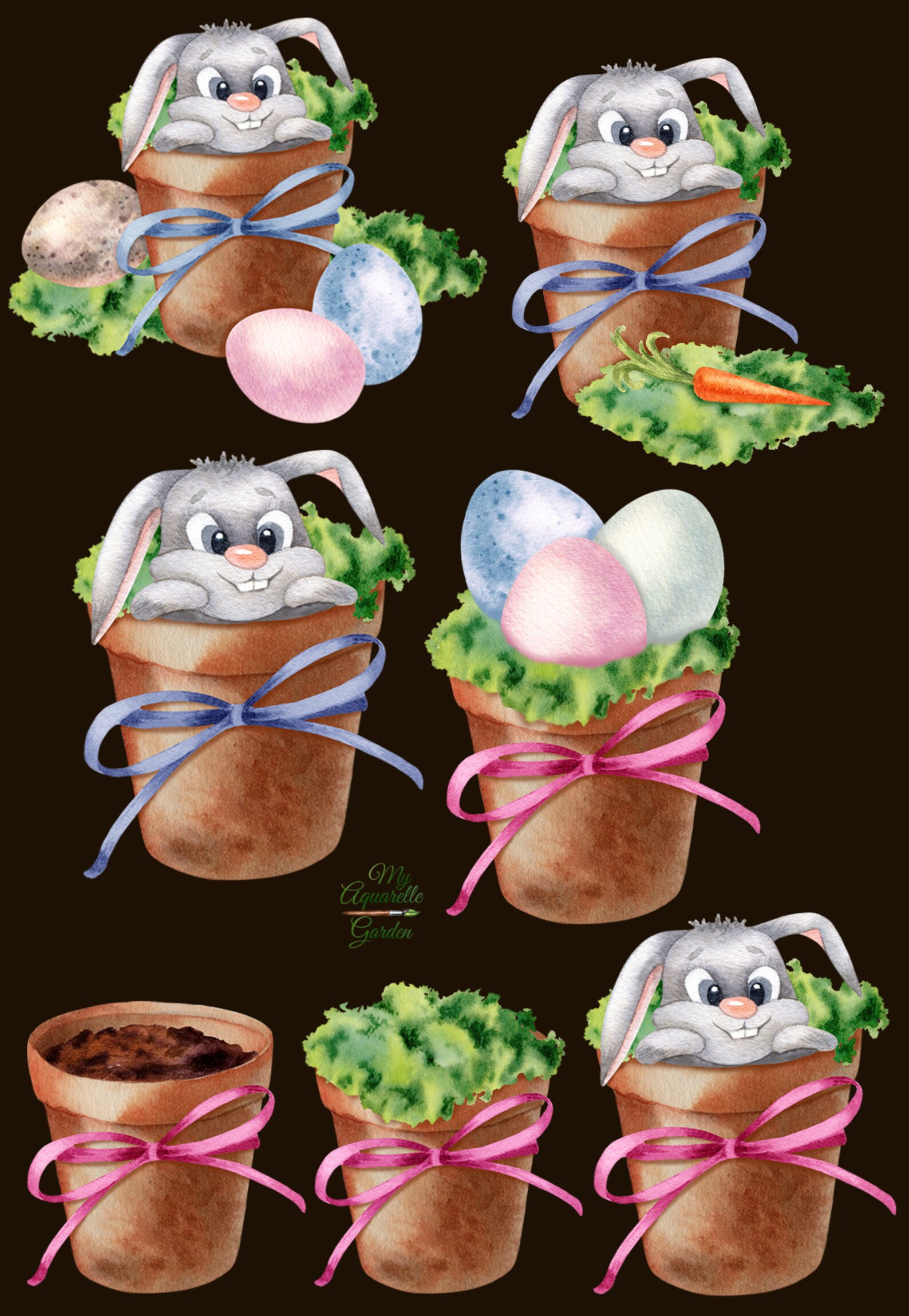 Easter Bunny, Easter Eggs. Watercolor Clipart. Cute Animals. Holiday ...