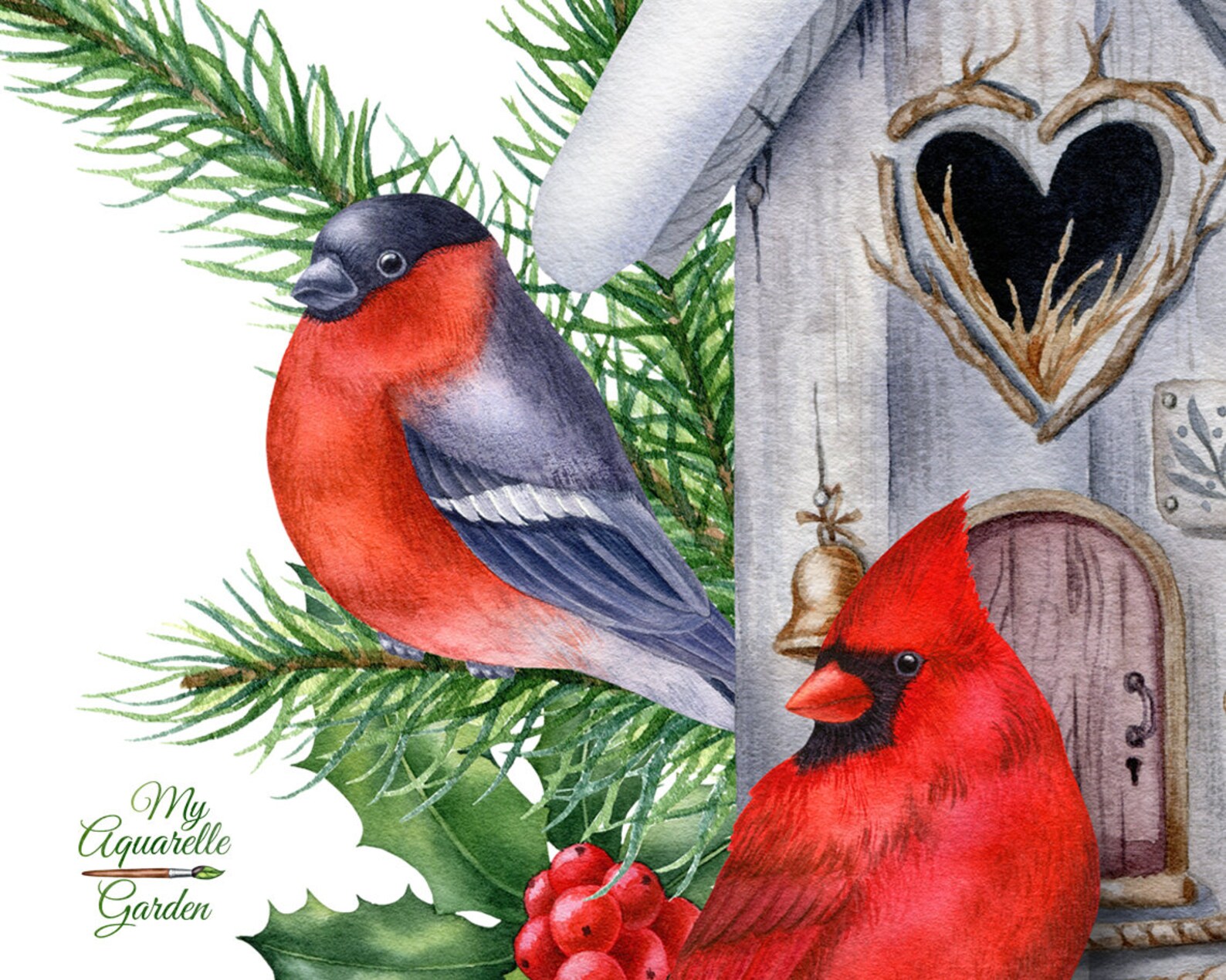 Winter Birds Birdhouse Xmas Watercolor Hand-painted Images New Year DIY ...