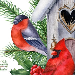 Winter Birds Birdhouse Xmas Watercolor Hand-painted Images New Year DIY ...