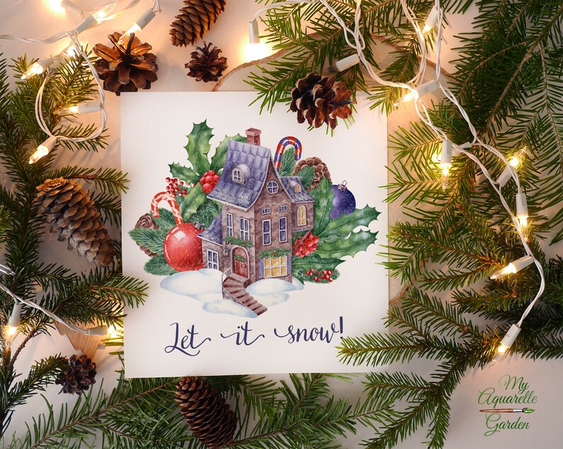 Winter House Watercolor Hand-painted Images Christmas New Year DIY ...