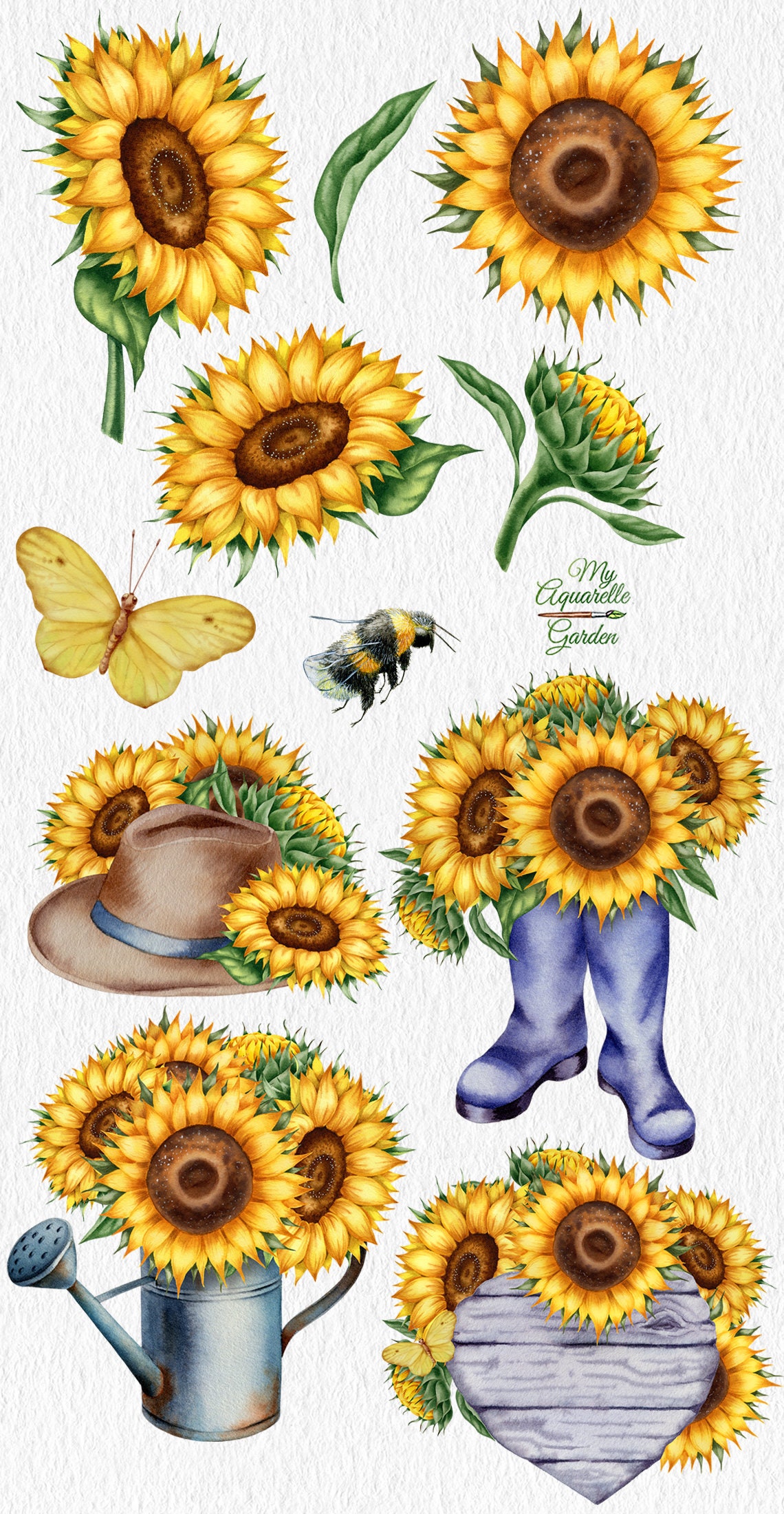Sunflowers Gardening Farmhouse Clipart Watercolor Hand-painted ...