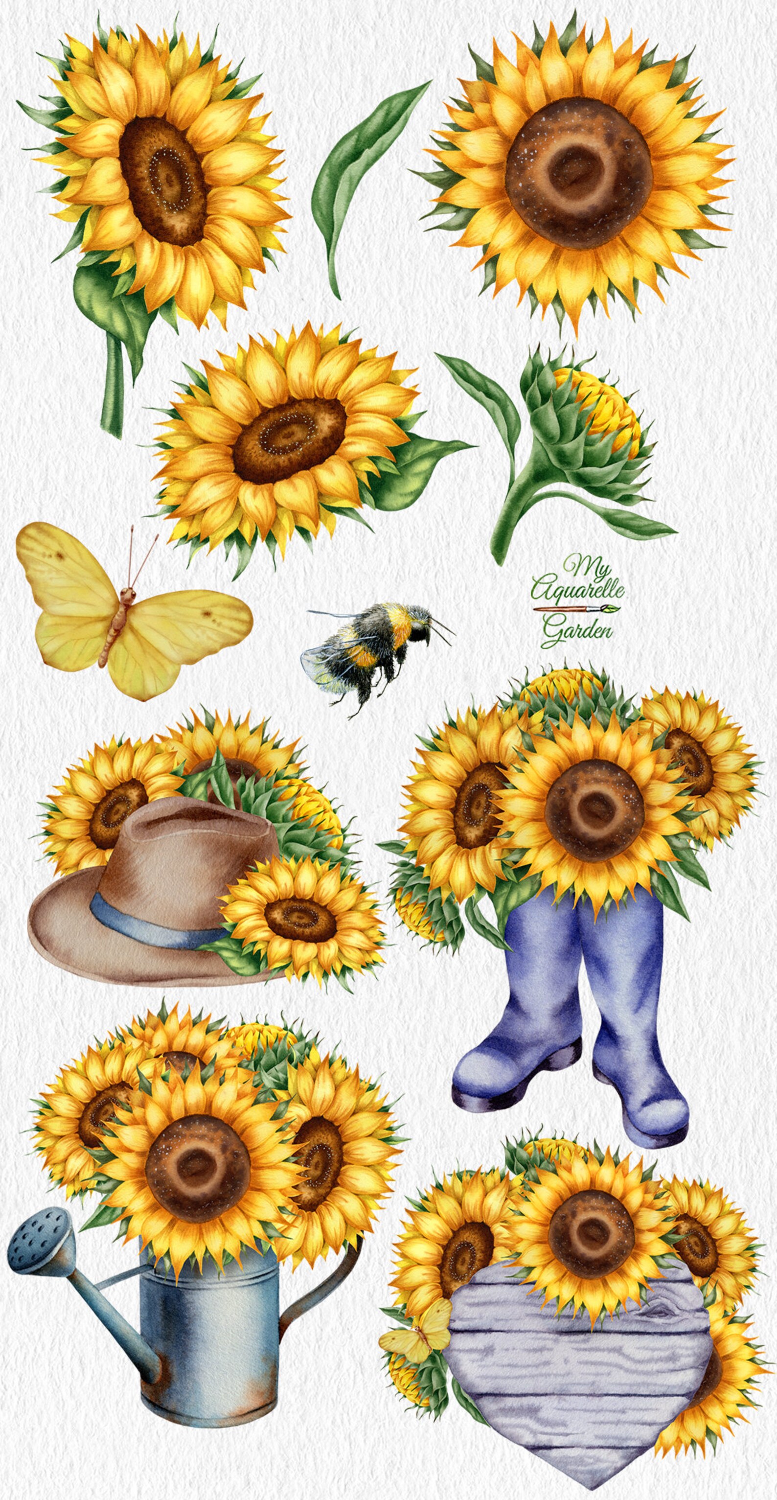 Sunflowers Gardening Farmhouse Clipart Watercolor Hand-painted ...