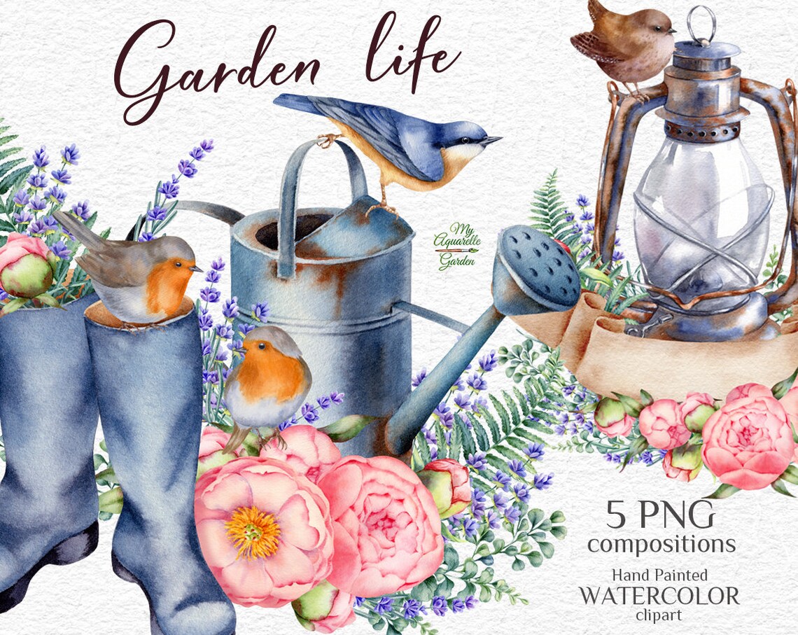 Gardening Clipart Watercolor Hand-painted Images Rustic Style - Etsy
