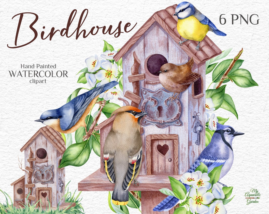 Birdhouses, Birds. Watercolor Hand-painted Images. Country Life. Rustic ...