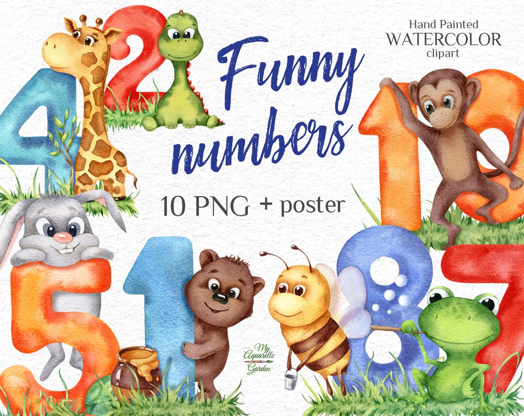Numbers Poster. Cute Animals. Watercolor Charactres. Printable ...