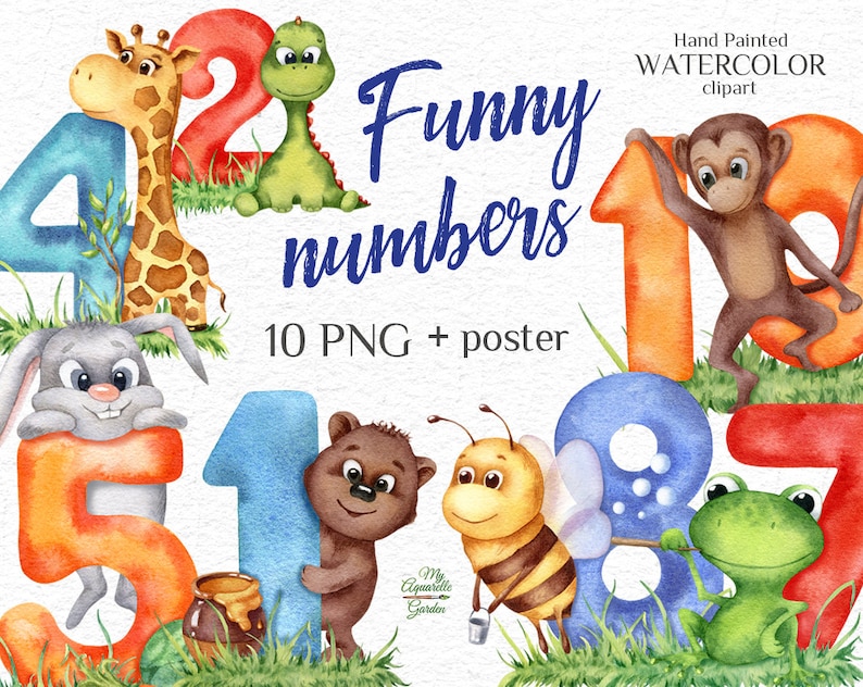 Numbers Poster. Cute Animals. Watercolor Charactres. Printable ...