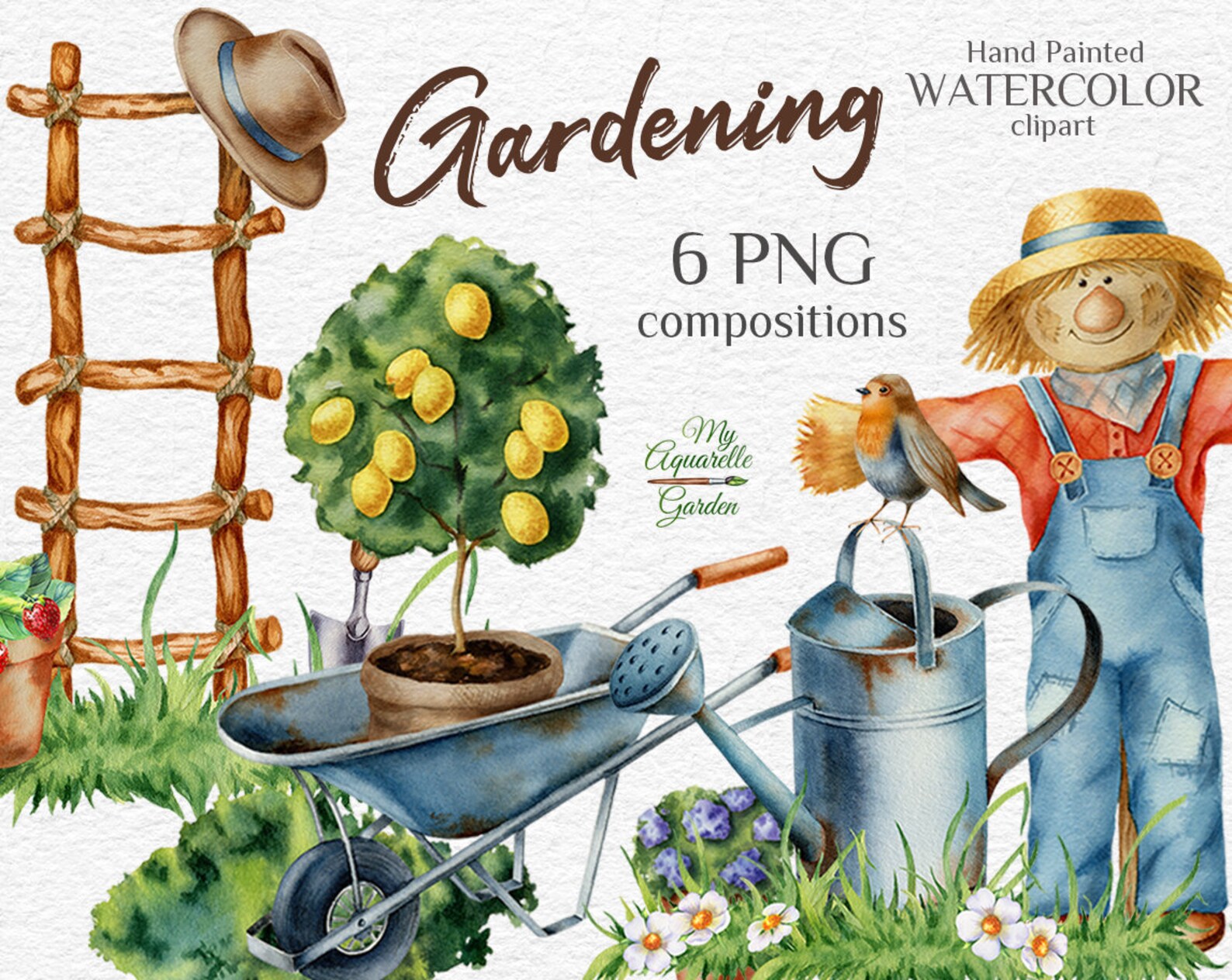 Gardening, Farm Scarecrow Wheelbarrow Watercolor Hand-painted Clipart ...