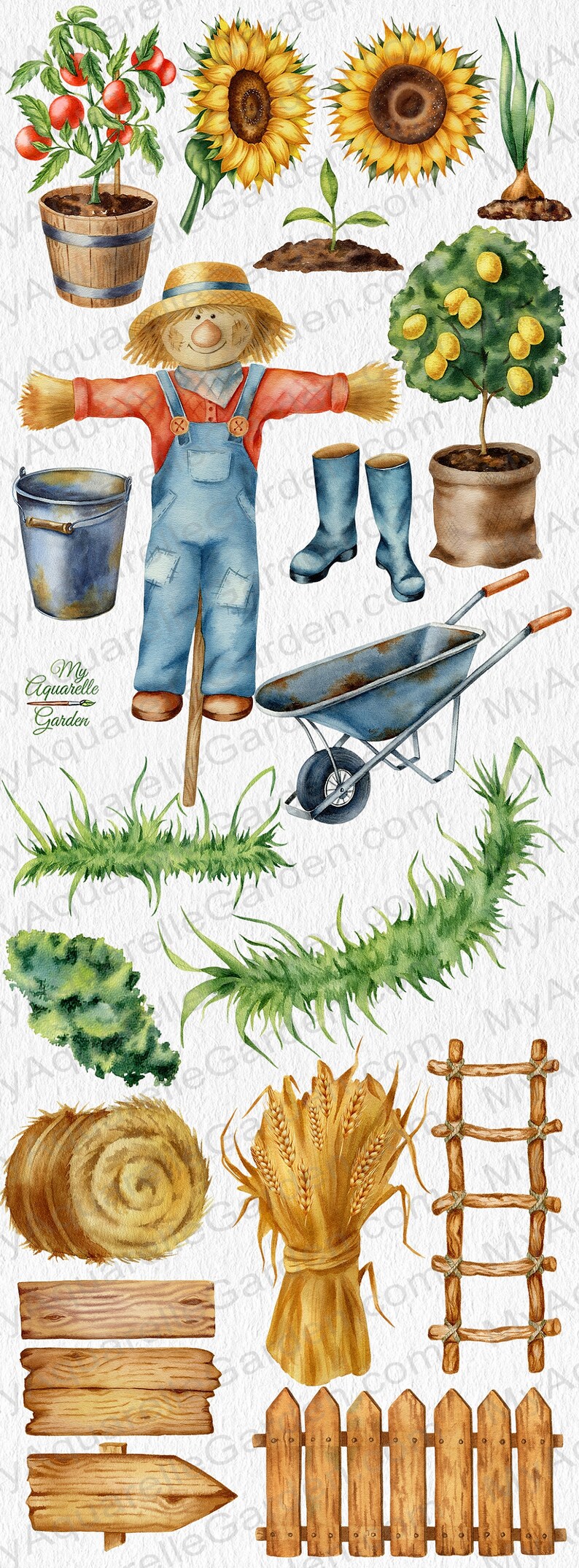 Gardening, Farm, Country Life Clipart. Watercolor Hand-painted Images ...