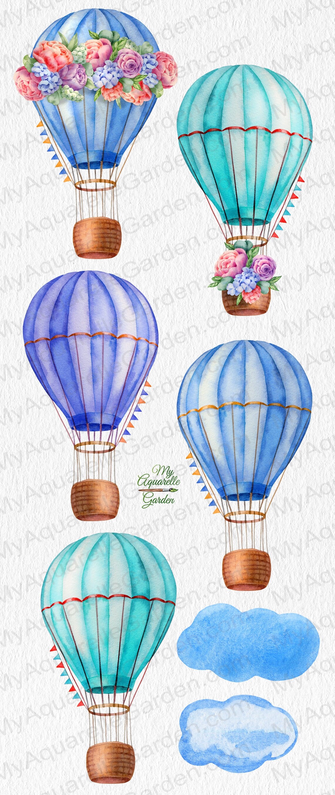 Hot Air Balloons, Clouds Summer, Vacation Watercolor Hand-painted ...