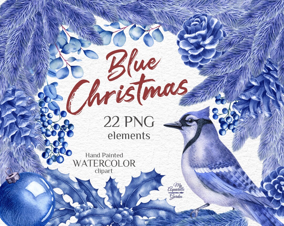 Blue Christmas Decor Jay Cones Fir Tree Toys Watercolor Hand-painted ...