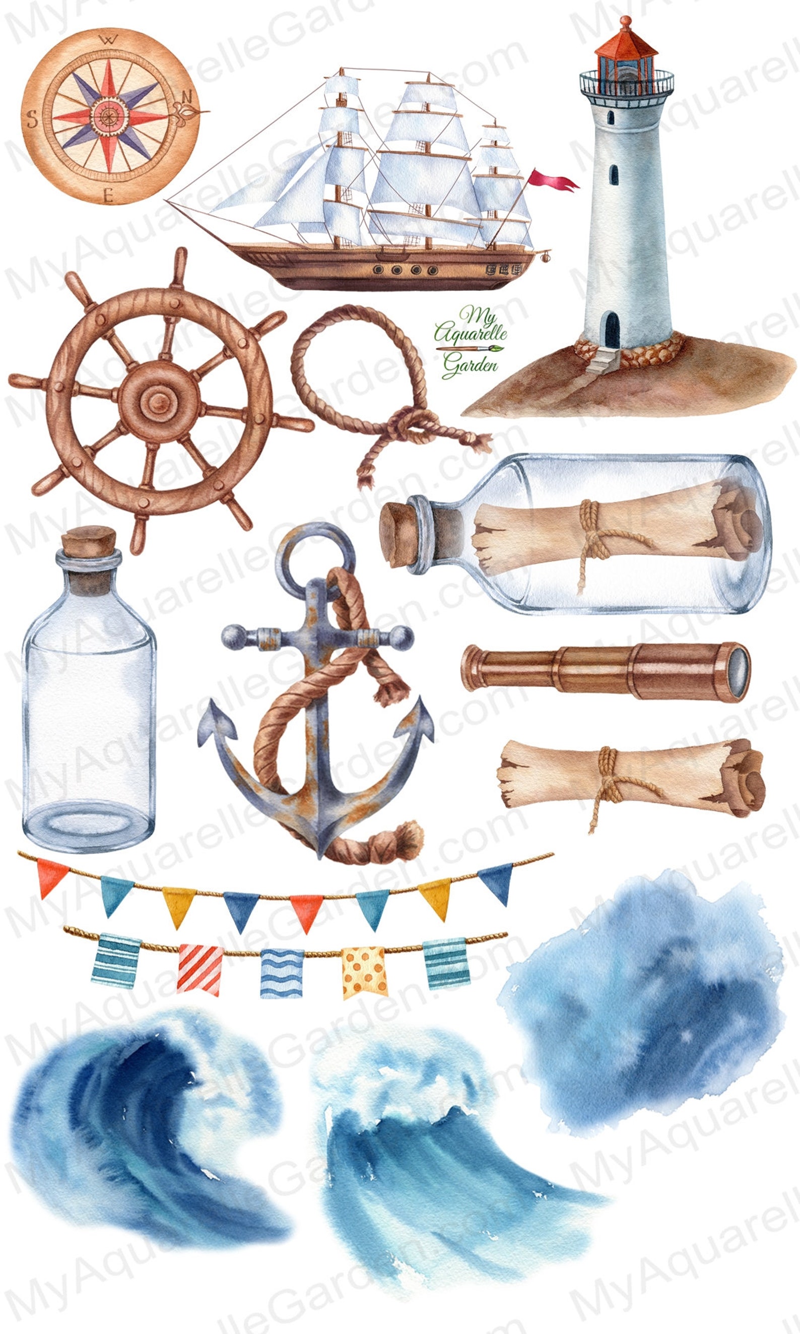 Nautical Watercolor Clipart, Lighthouse, Sailboat, PNG Files - Etsy