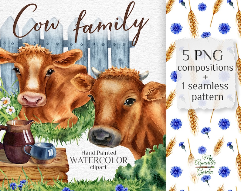 Milk Farm Clipart. Cow, Calf. Watercolor Hand-painted Images. Rustic ...