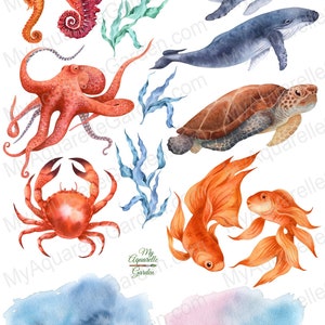 Sea Animals. Under the Sea. Watercolor Clipart. Whale, Crab, Goldfish ...