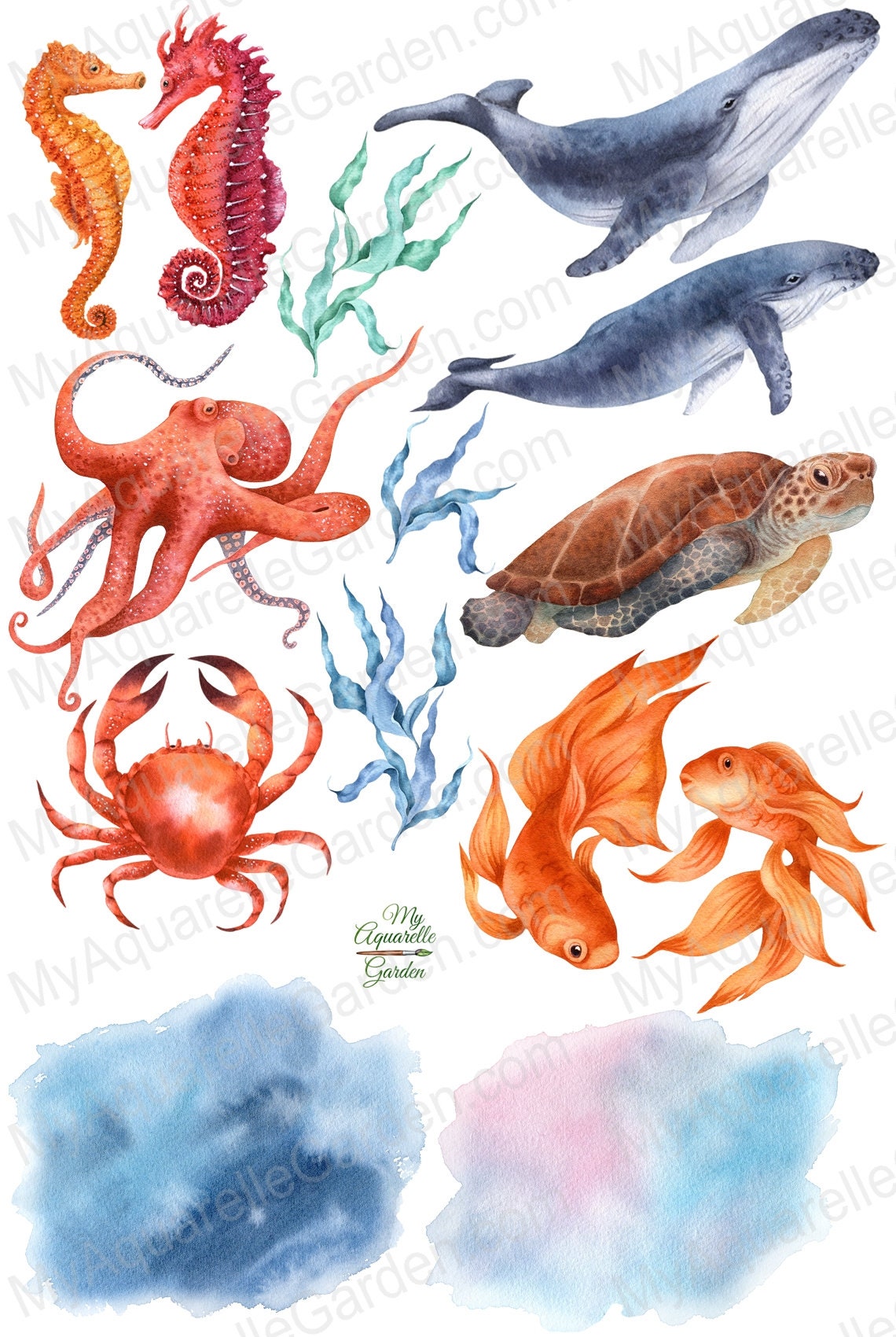 Sea Animals. Under the Sea. Watercolor Clipart. Whale, Crab, Goldfish ...