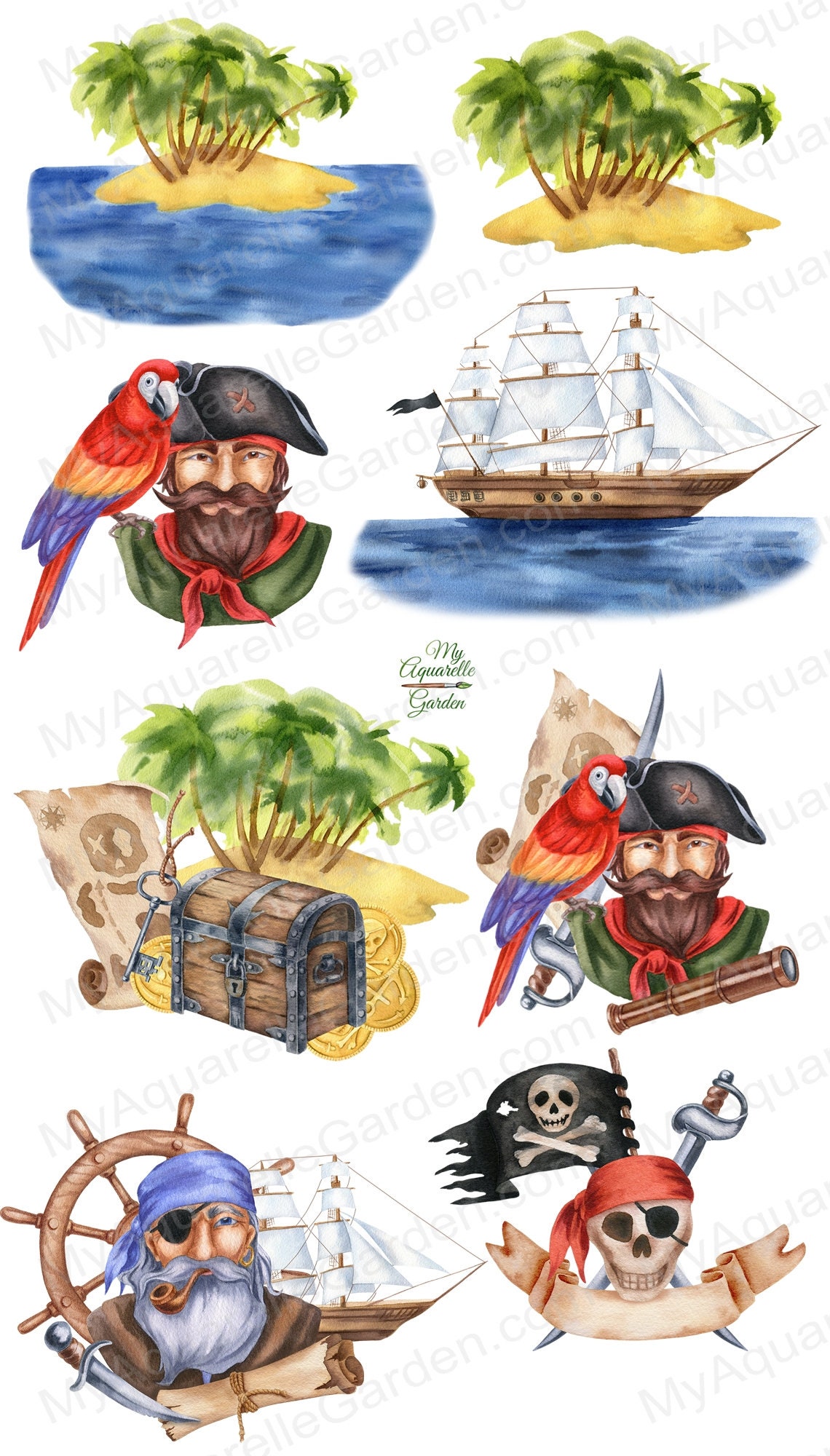 Watercolor Pirate Clipart, Treasure Island Graphics (PNG, Instant ...