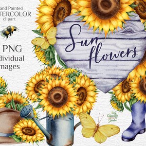 Sunflowers Gardening Farmhouse Clipart Watercolor Hand-painted ...