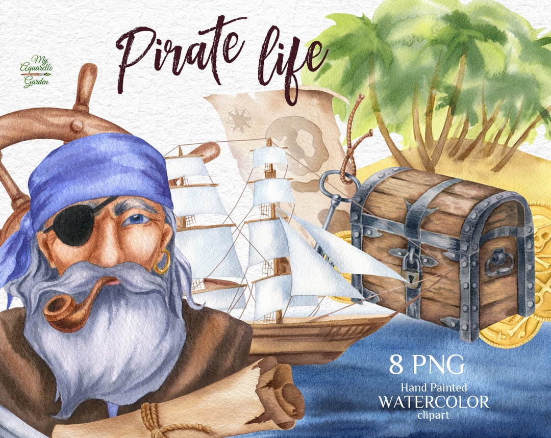 Watercolor Pirate Clipart, Treasure Island Graphics (PNG, Instant ...