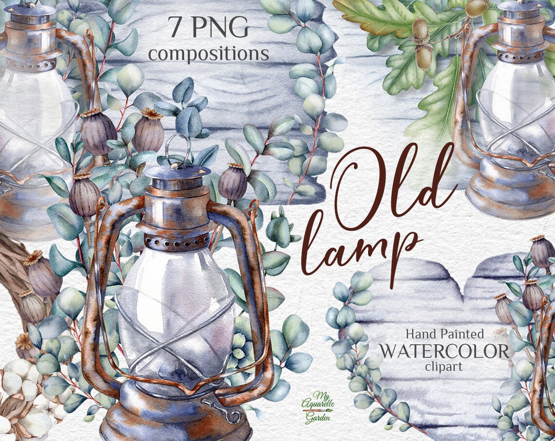Vintage Kerosene Lamp Rustic Style Gardening Clipart Watercolor Hand ...