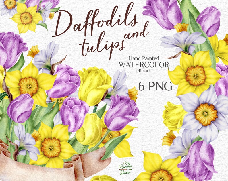 Daffodils and Tulips. Spring Flowers Bouquets and Garlands. Botanical ...
