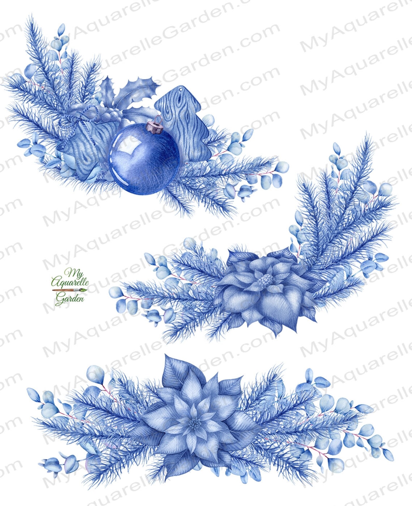 Blue Christmas Wreaths Garlands Winter New Year Decoration Watercolor ...
