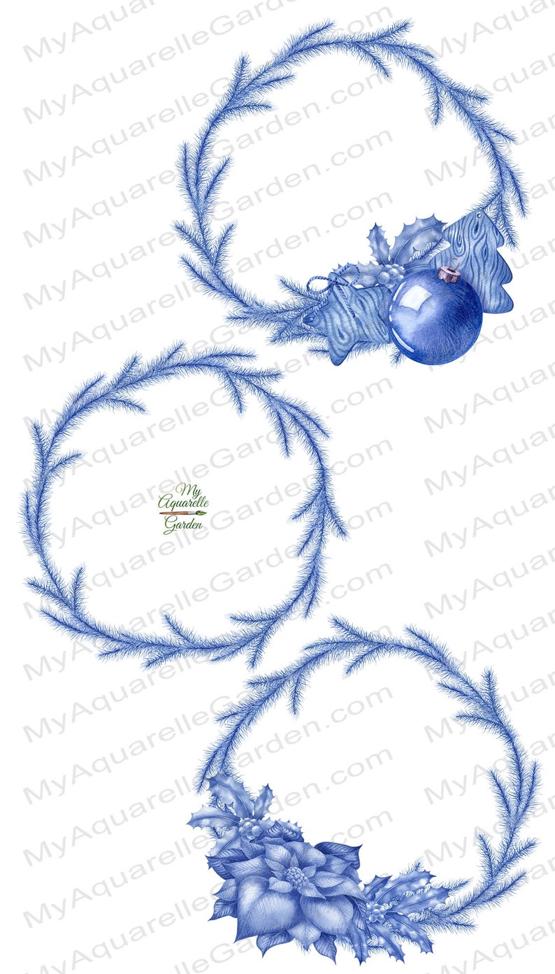 Blue Christmas Wreaths Garlands Winter New Year Decoration Watercolor ...