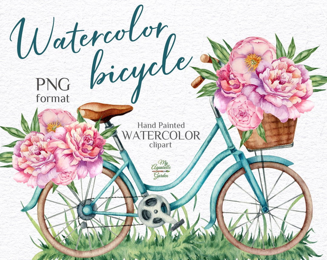 Summer Retro Bicycle Vacation Mood Rose Bouquets Watercolor Hand ...