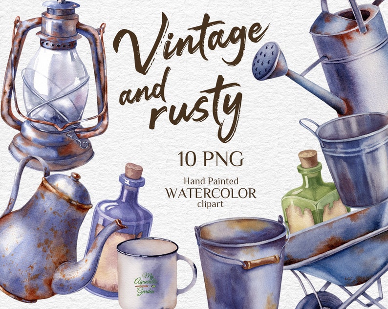 Gardening Tools Clipart. Vintage, Old, Rusty. Watercolor Hand-painted ...