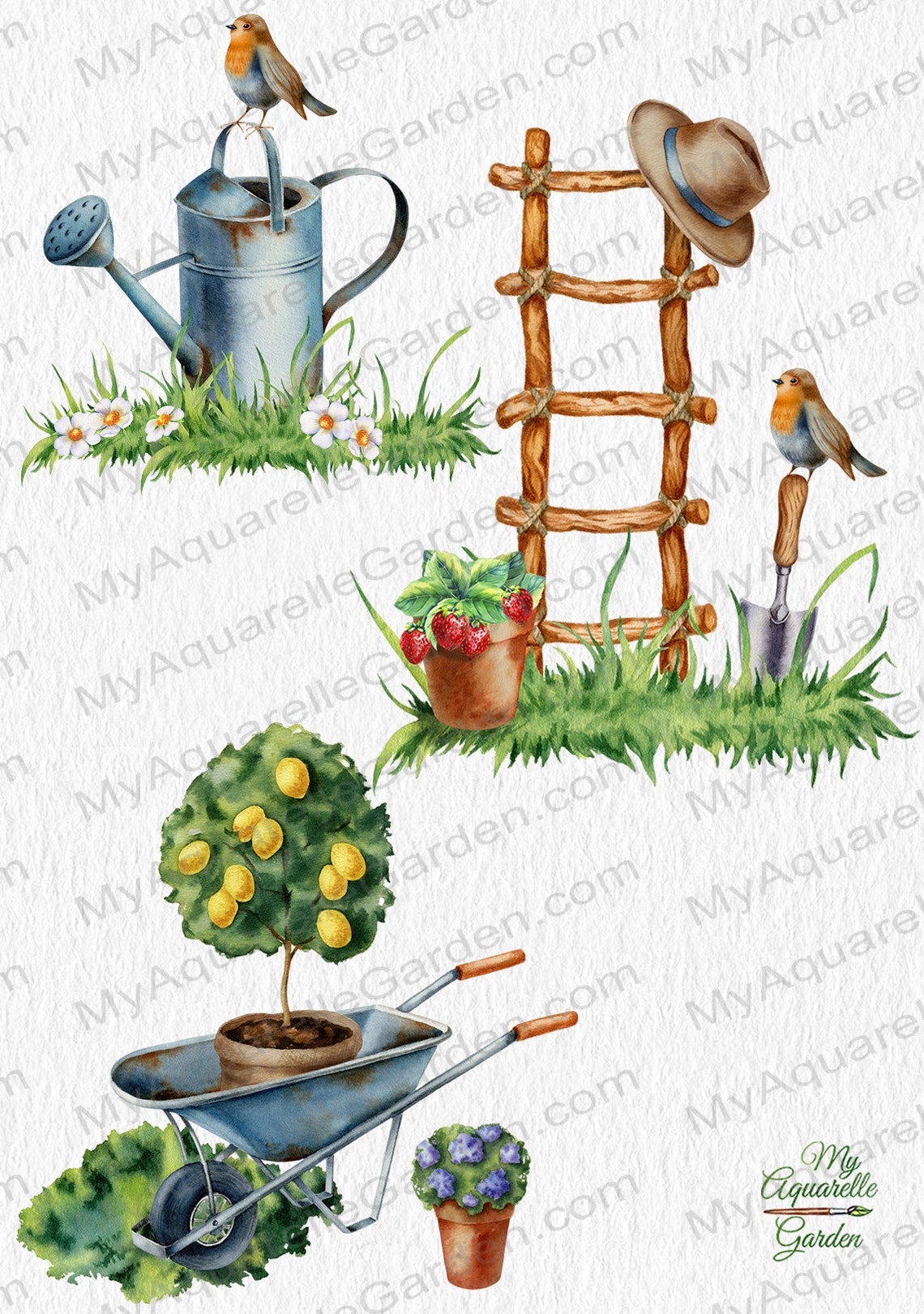 Gardening, Farm Scarecrow Wheelbarrow Watercolor Hand-painted Clipart ...