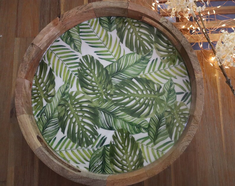 Round Coffee Table Tray With Monstera Leaves Background, Wood Enamel ...