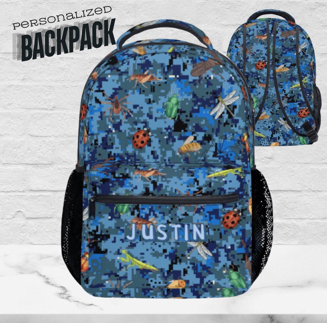 Blue Camo Backpack for Boys Camouflage & Bugs School Bag Personalized ...