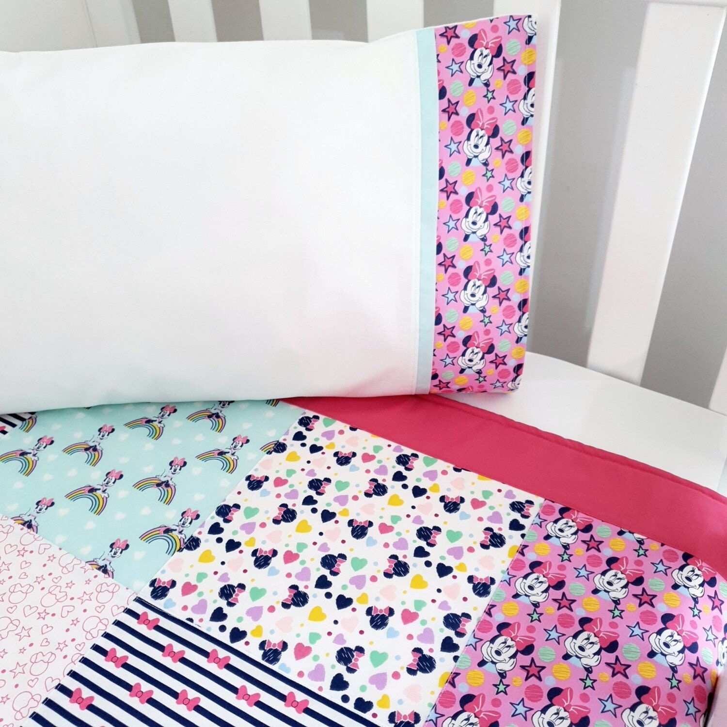 Minnie Mouse Handmade Patchwork Cot Quilt + Toddler Pillowcase Set - Etsy
