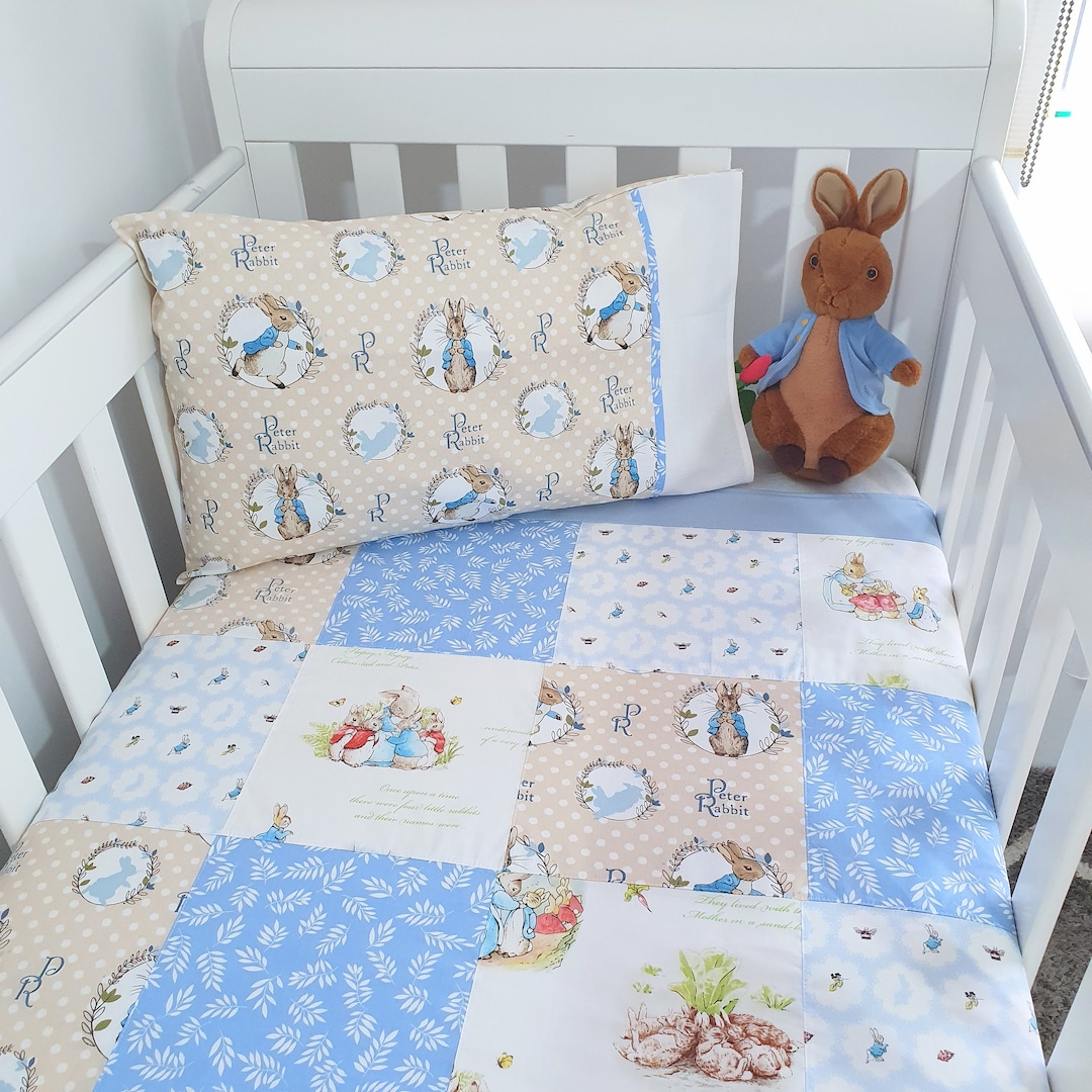 Peter Rabbit Patchwork Cot Quilt Pillow Case Set Blue, White & Taupe - Etsy