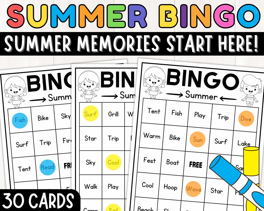 Summer Bingo Printable Game for Kids, 30 Unique Cards, 35 Summer Words ...