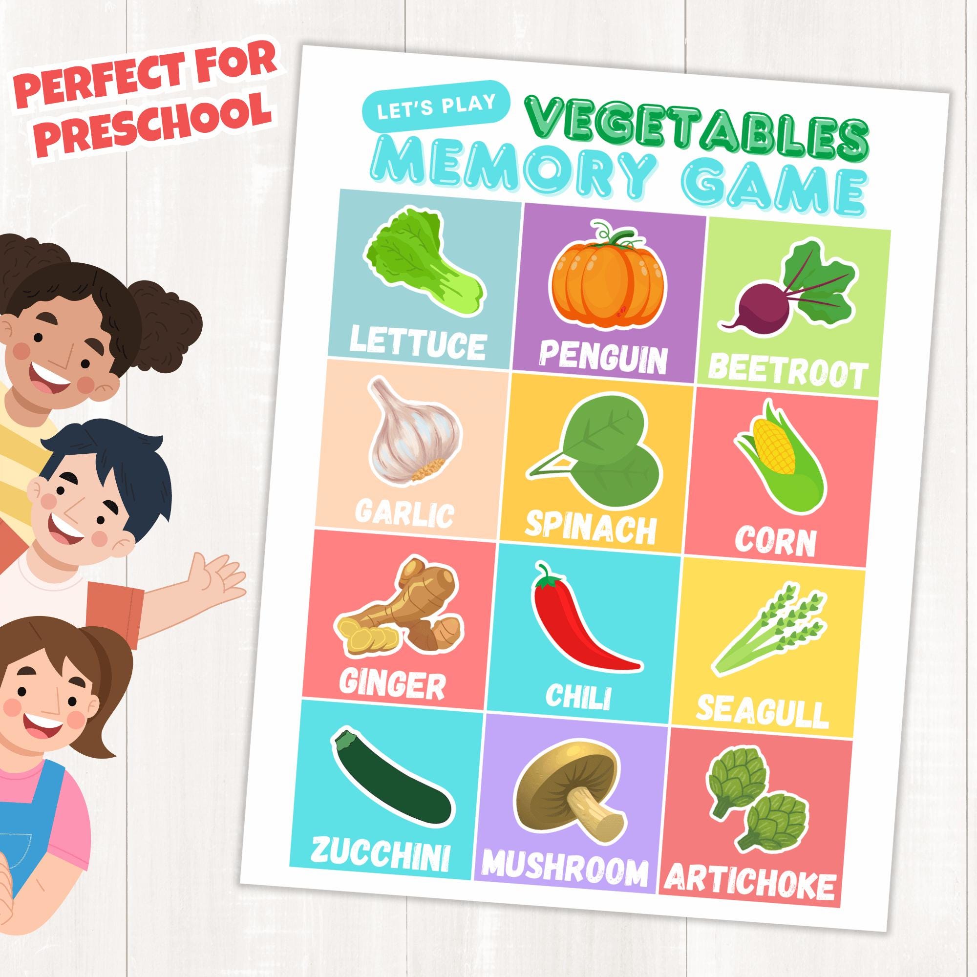 Printable Vegetables Memory Game for Kids | Preschool Matching Activity ...